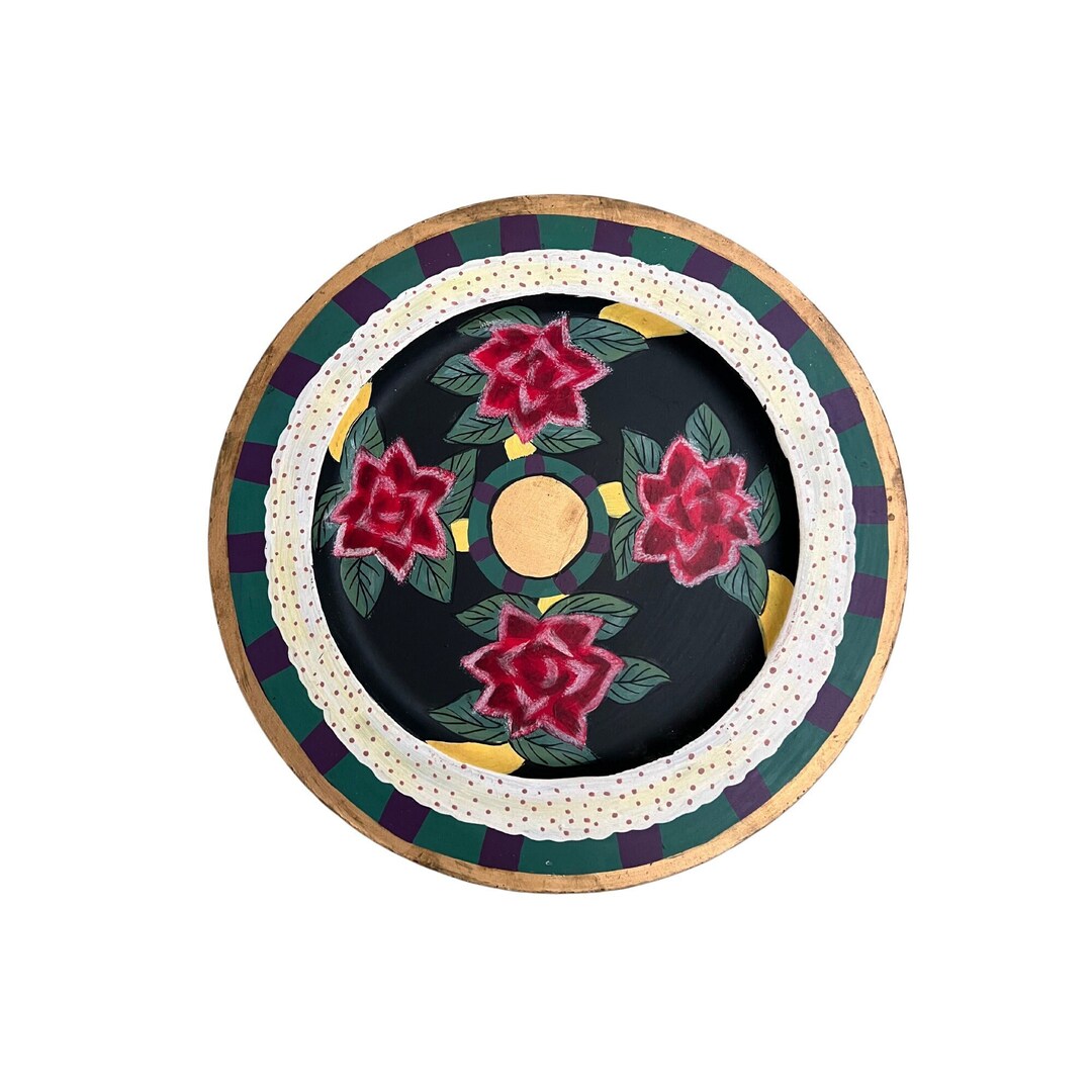 Unique Painted Metal Display Plate, Geometric Pattern Floral Motif Tray ...