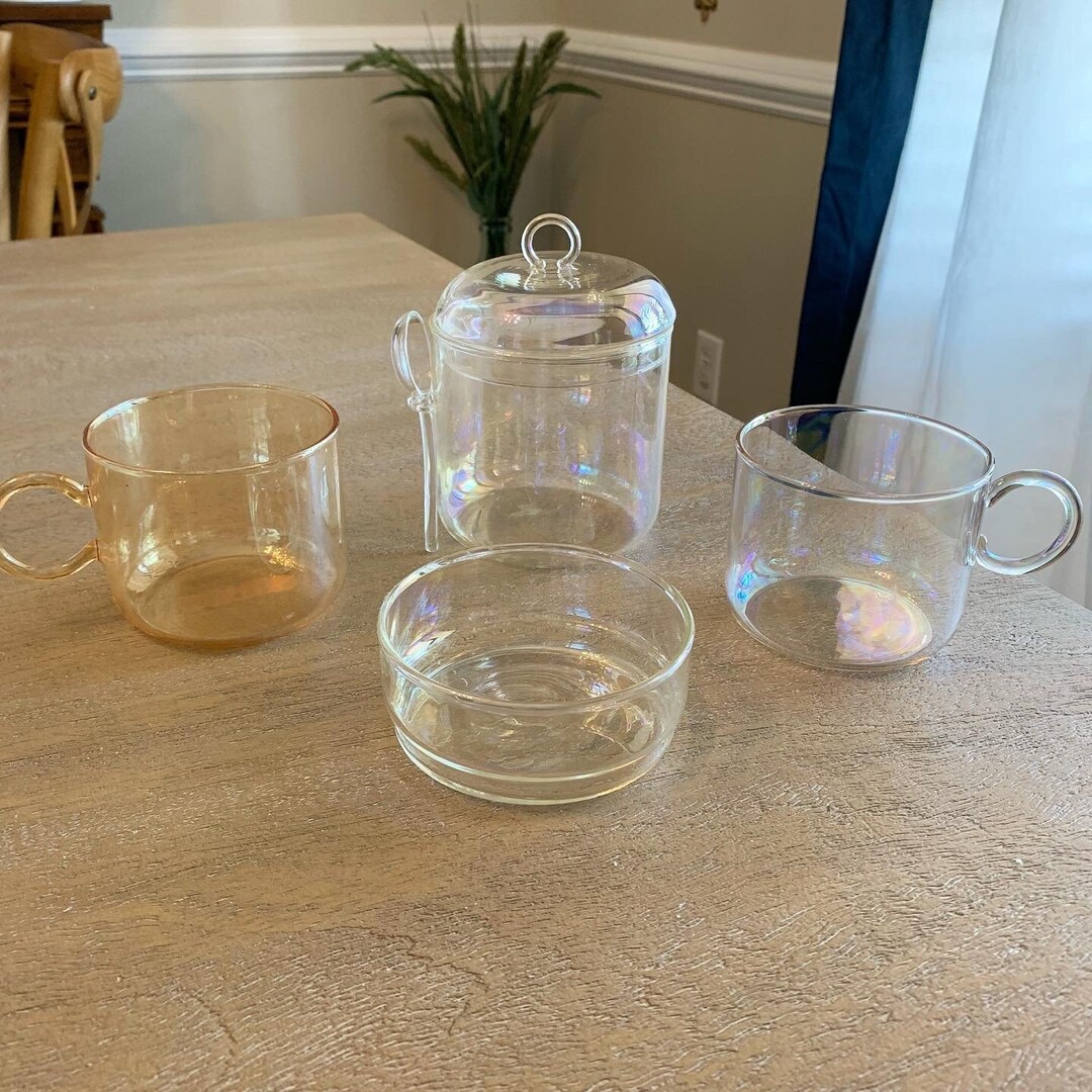 Tea for Two Iridescent Blown Glass Tea Set, Rainbow Tinted Glass Tea ...