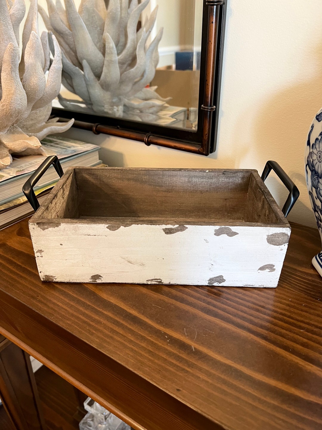 Small Distressed Wood Box With Metal Handles, Decorative Storage Box ...