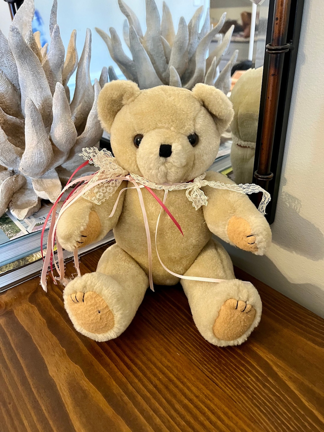 Vintage Jointed Wool Teddy Bear With Lace and Pink Silk Ribbons - Etsy