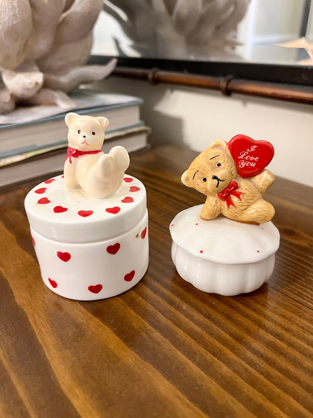 Vintage Valentines Teddy Bear Trinket Box, Valentine Hearts Bone China ...