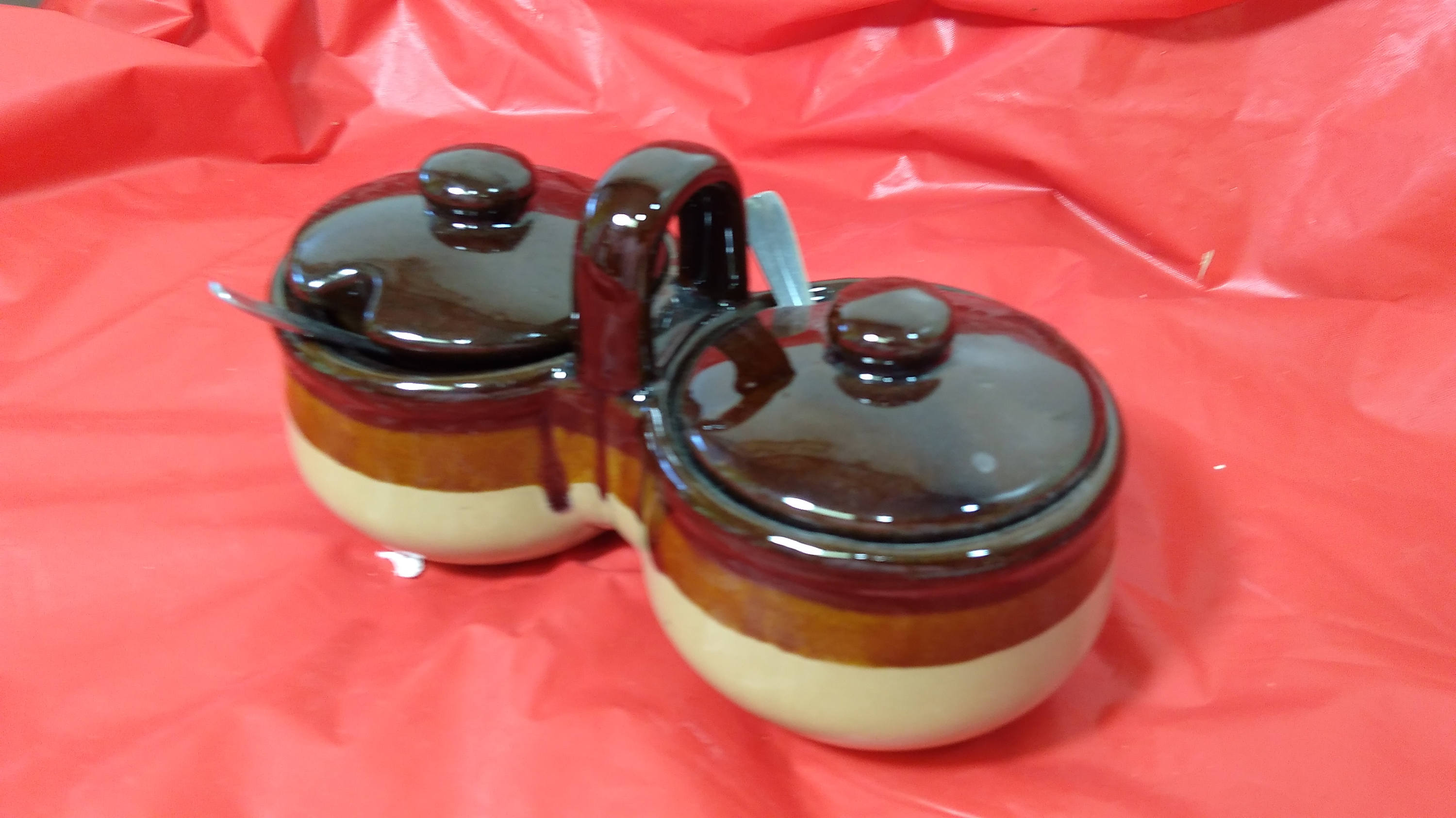 Vintage Stoneware Double Pot Condiment Server with Spoons Kitchen ...