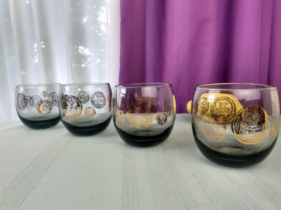 Roly Poly Glasses Gold Coin Smoke Gray Federal Glass MCM Set of 4 Mid ...