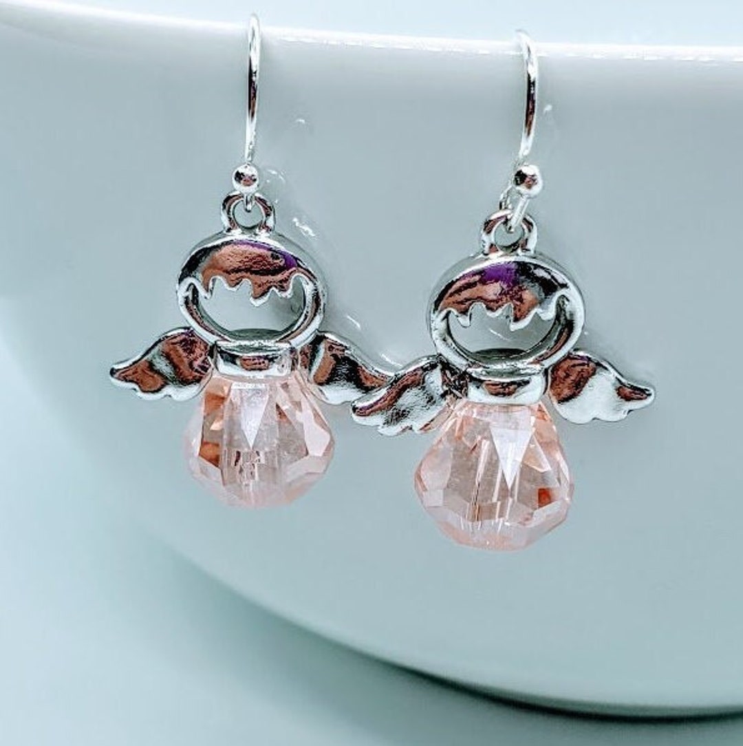 Pink Crystal Angel Earrings, Sparkly Earrings, Silver Earrings, Pink ...