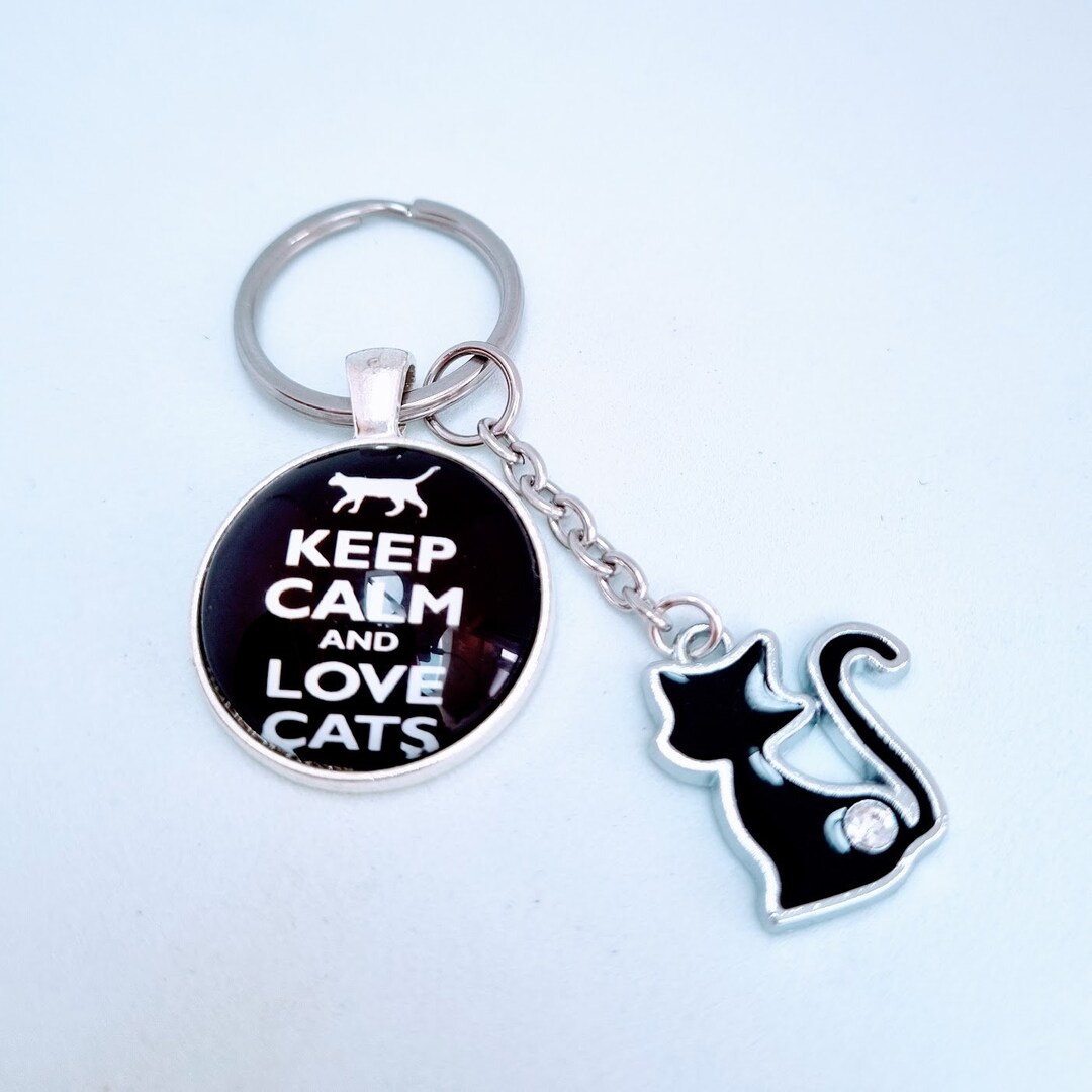 OOAK Black Cat Keyring Bag Charm, Cat Charm Keychain, Silver Key Ring ...