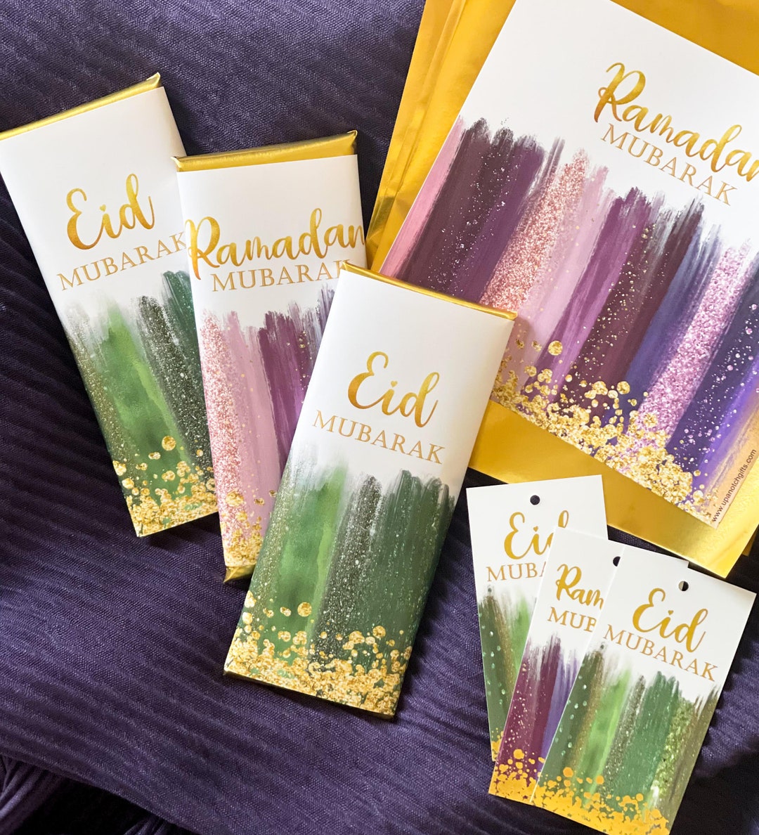 Green and Gold Candy Bar Wrappers, Eid Party Favors, Purple and Gold ...