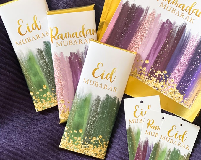 Green and Gold Candy Bar Wrappers, Eid Party Favors, Purple and Gold ...