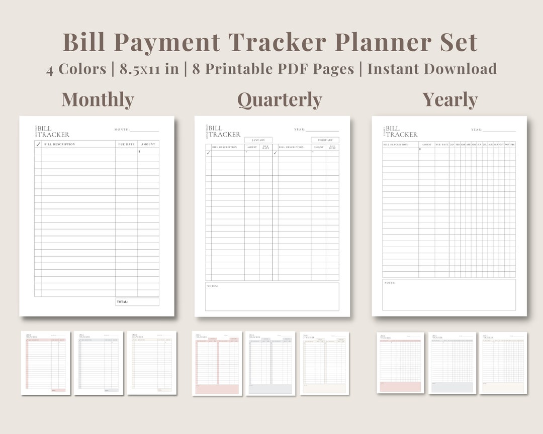 Bill Tracker Payment Planner Printable | Monthly Quarterly Yearly Bill ...