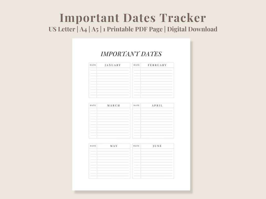 Important Dates Printable | Yearly Planner | Birthdays, Anniversaries ...