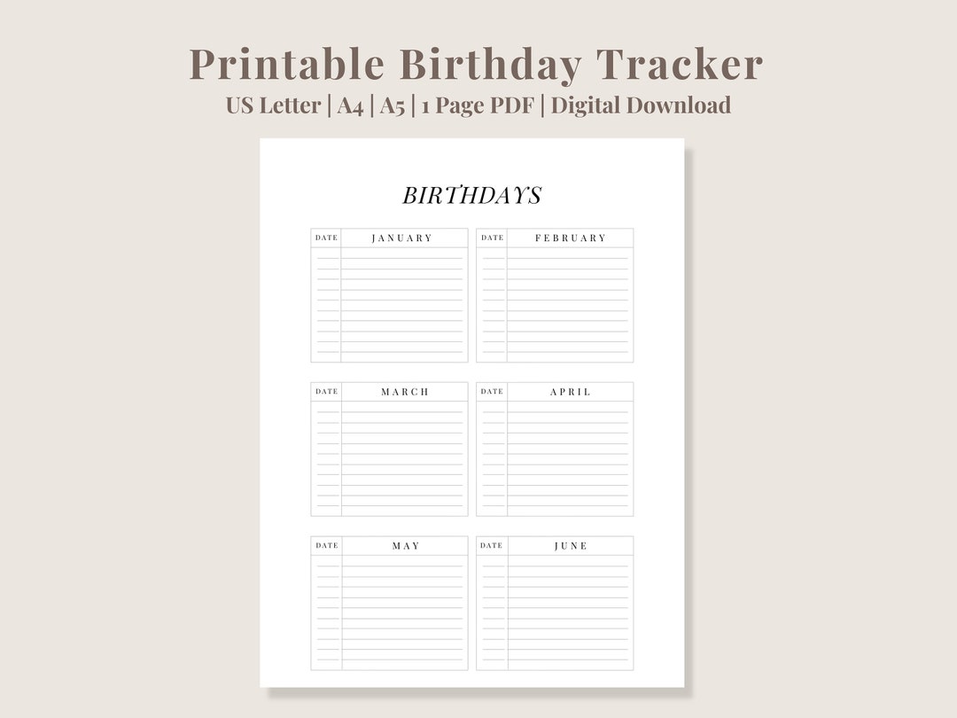 Birthday Tracker | Printable Birthday List | Birthday Calendar ...