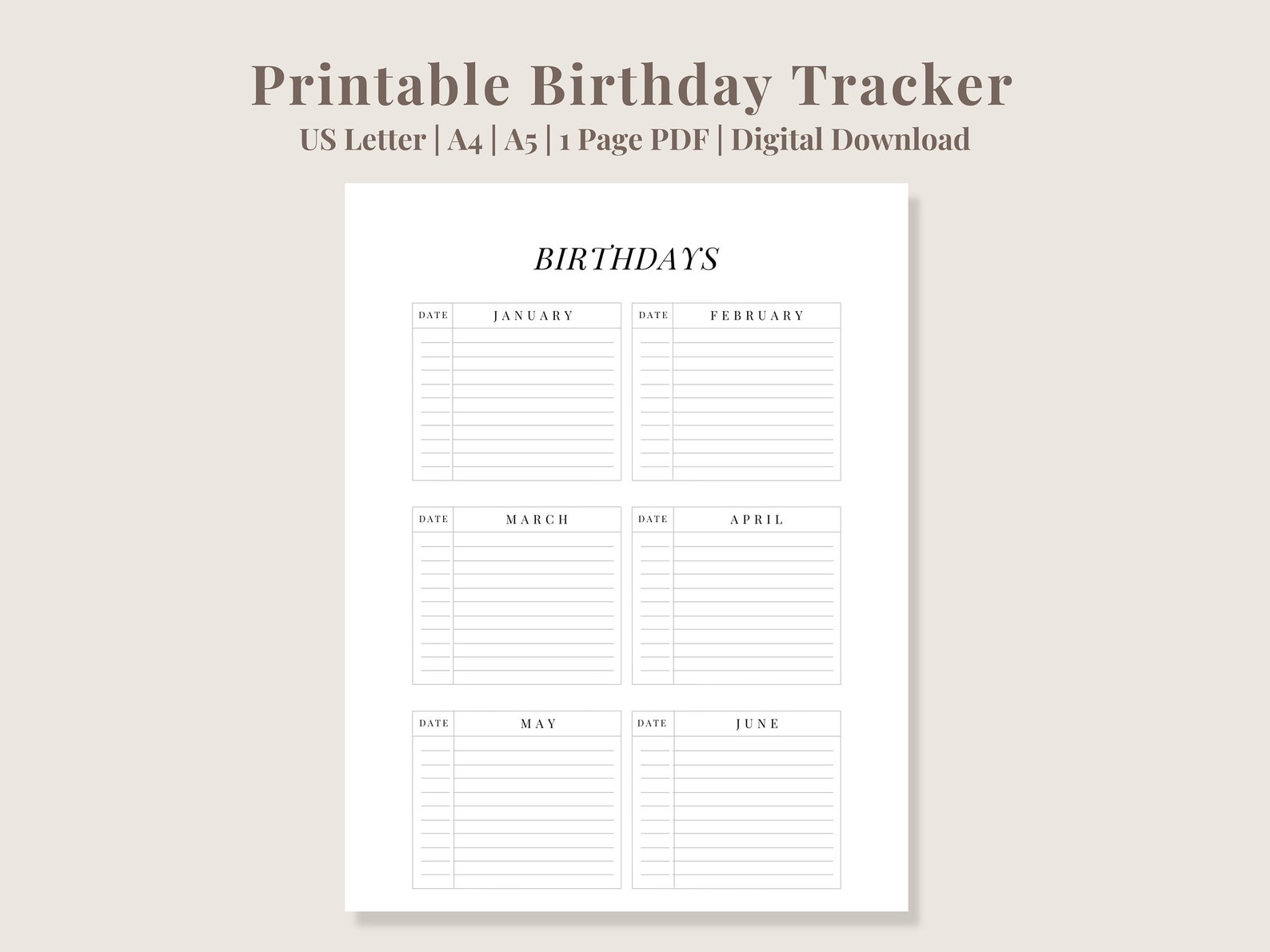 Birthday Tracker | Printable Birthday List | Birthday Calendar ...