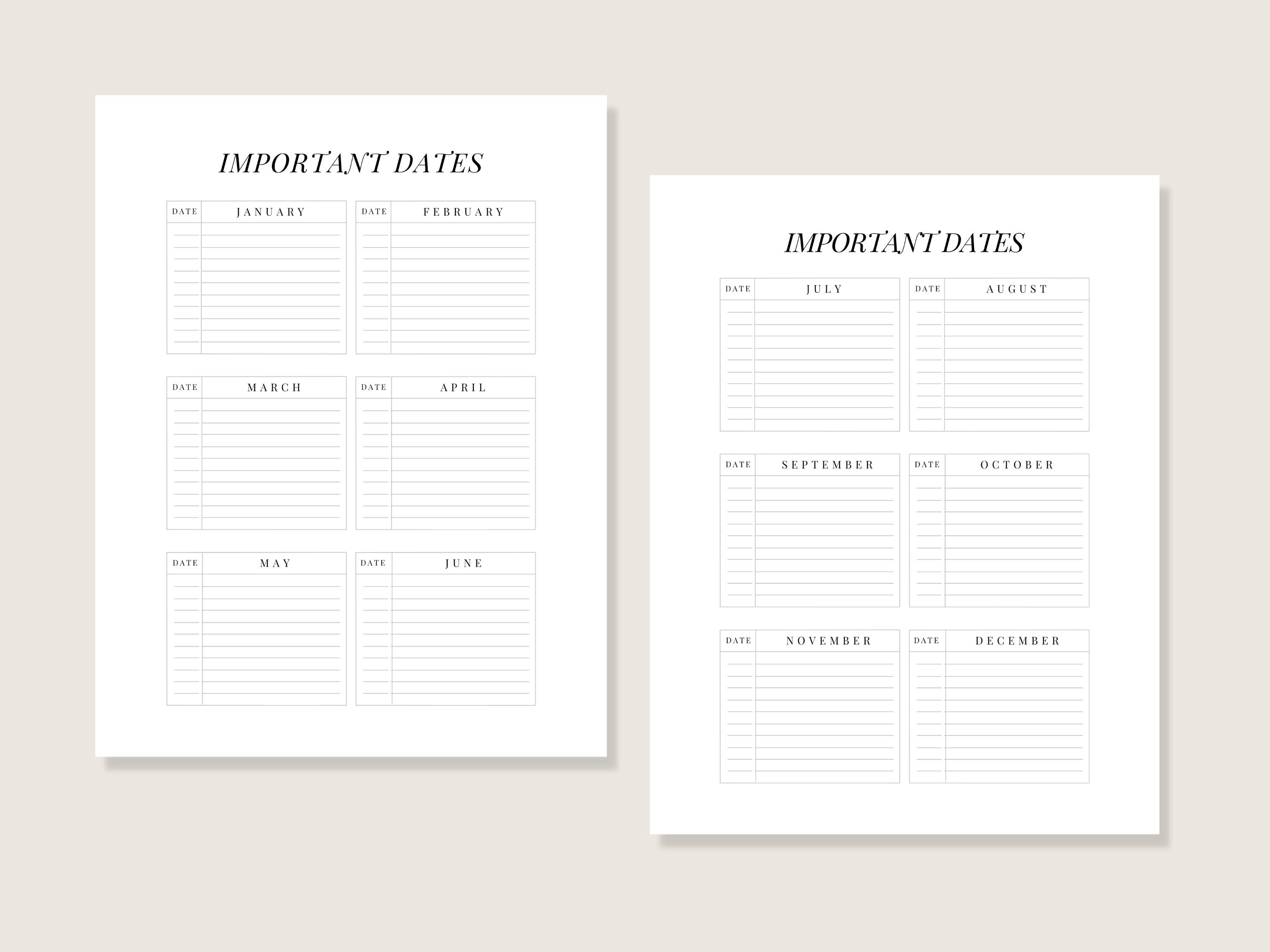 Important Dates Printable | Yearly Planner | Birthdays, Anniversaries ...