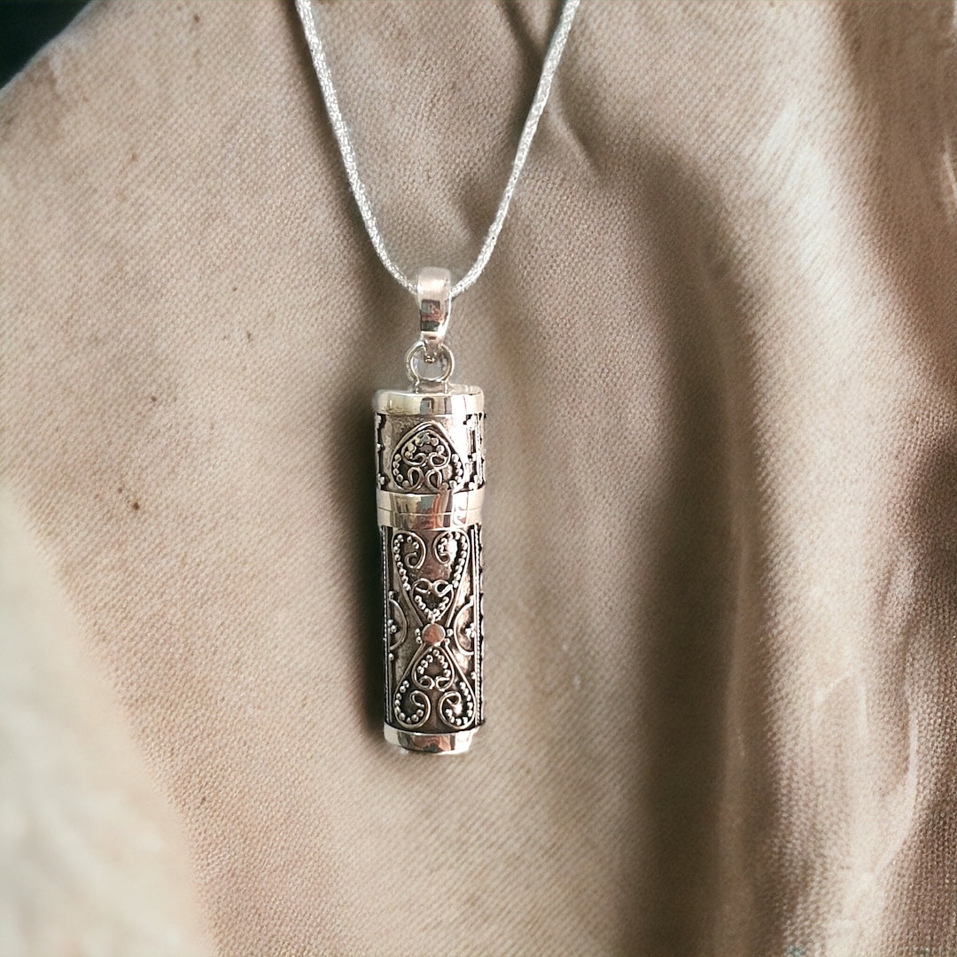 Silver Prayer Box Pendant, Vials Pendant Screw Top Pill Box Necklace ...