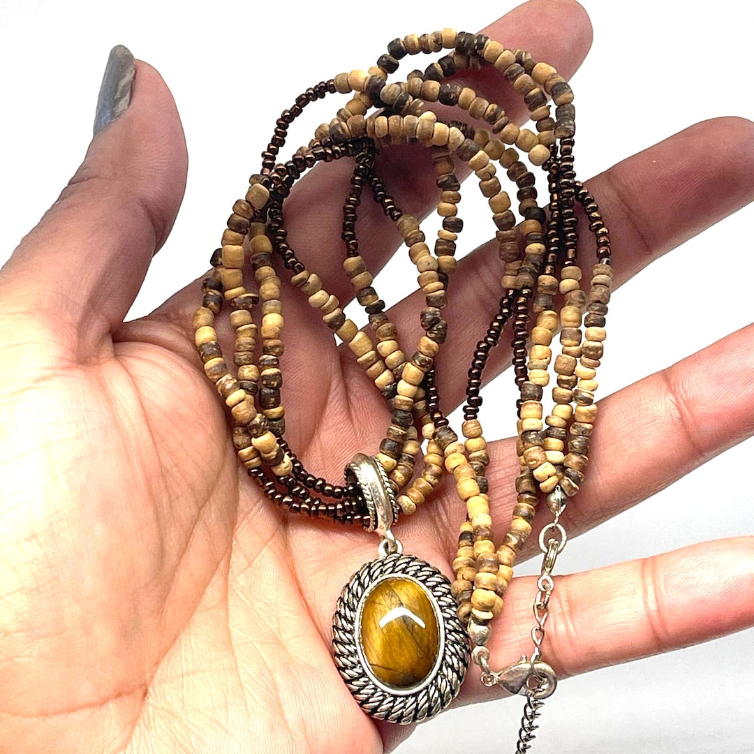 Vintage Wooden Seed Bead Multi Strand Tiger Eye Silver Plated Pendant ...