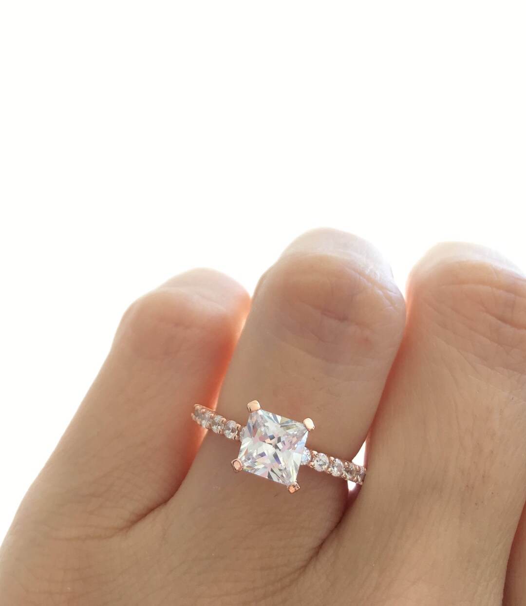 Rose Gold Engagement Ring. Cushion Cut Wedding Ring. Sterling Silver ...