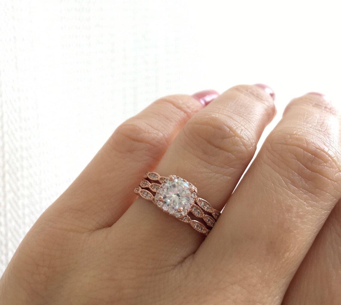 Rose Gold Wedding Ring Set. Halo Engagement Ring. Vintage | Etsy