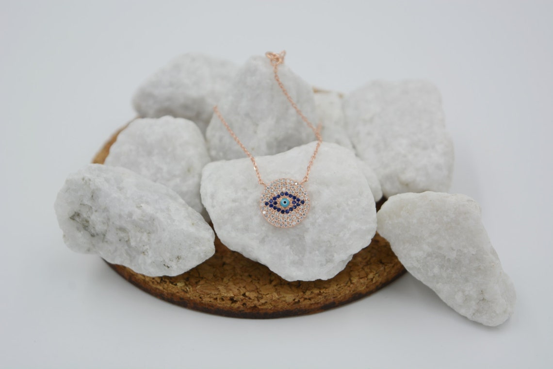 Evil Eye Disc Necklace. Sterling Silver Rose Gold Plated - Etsy