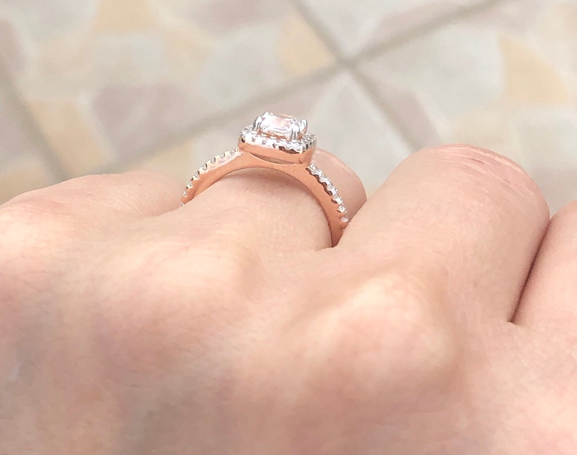 Rose Gold Cushion Cut Engagement Ring. Rose Gold Halo Ring. | Etsy