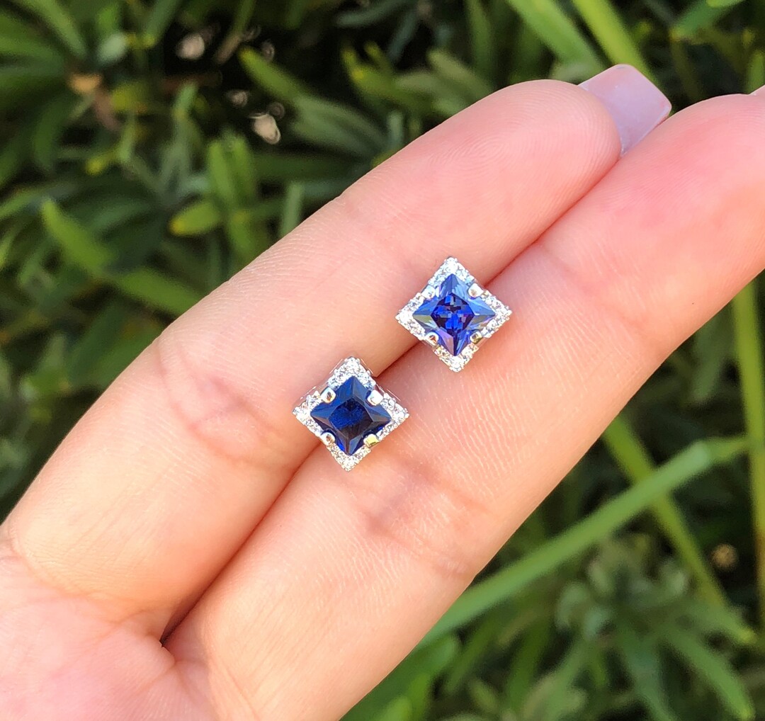 Beautiful Blue Sapphire Square Halo Earrings. Square Studs. Sterling ...