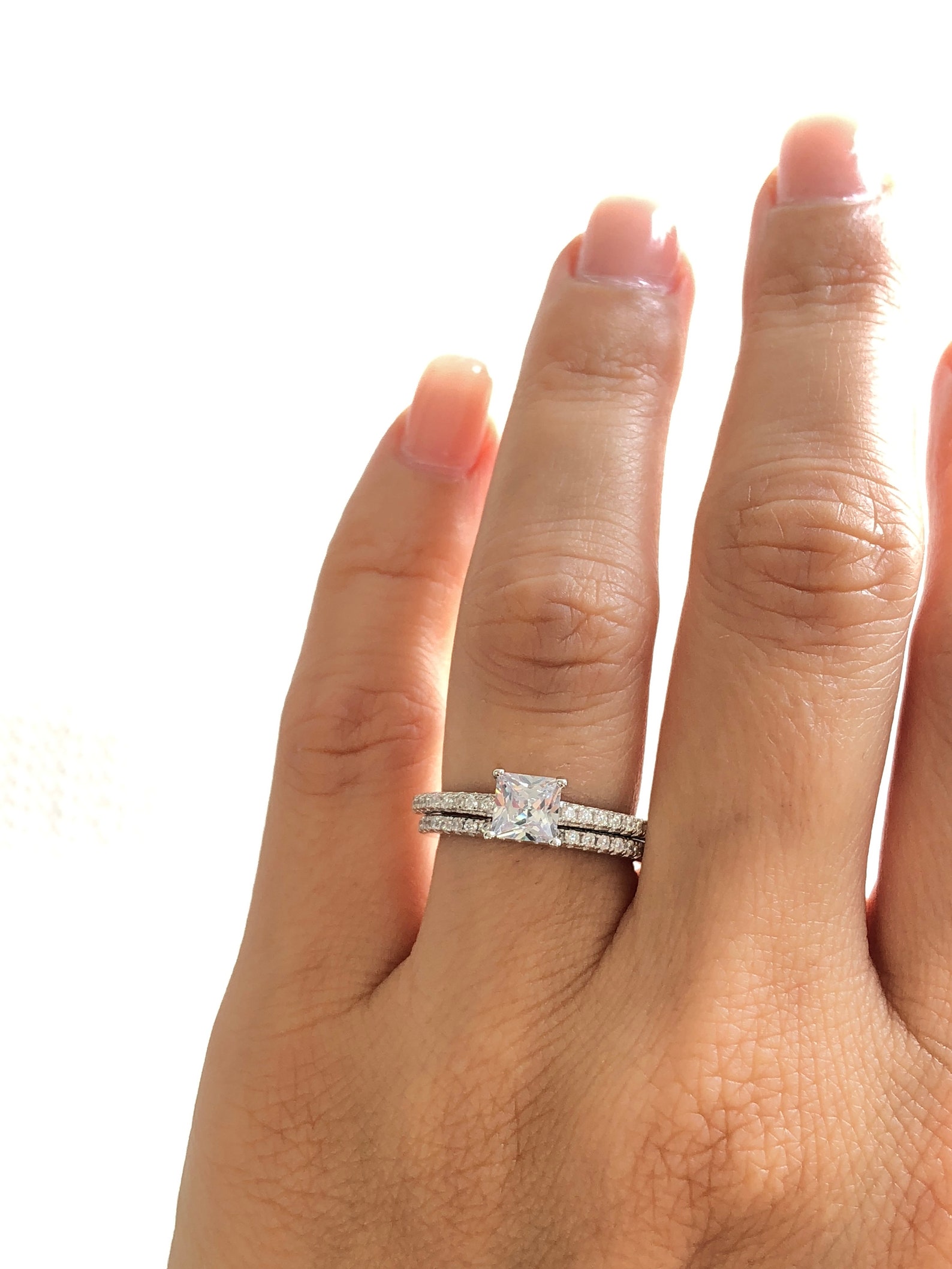 Princess Cut Wedding Ring Set. Sterling Silver Wedding Rings. Delicate ...