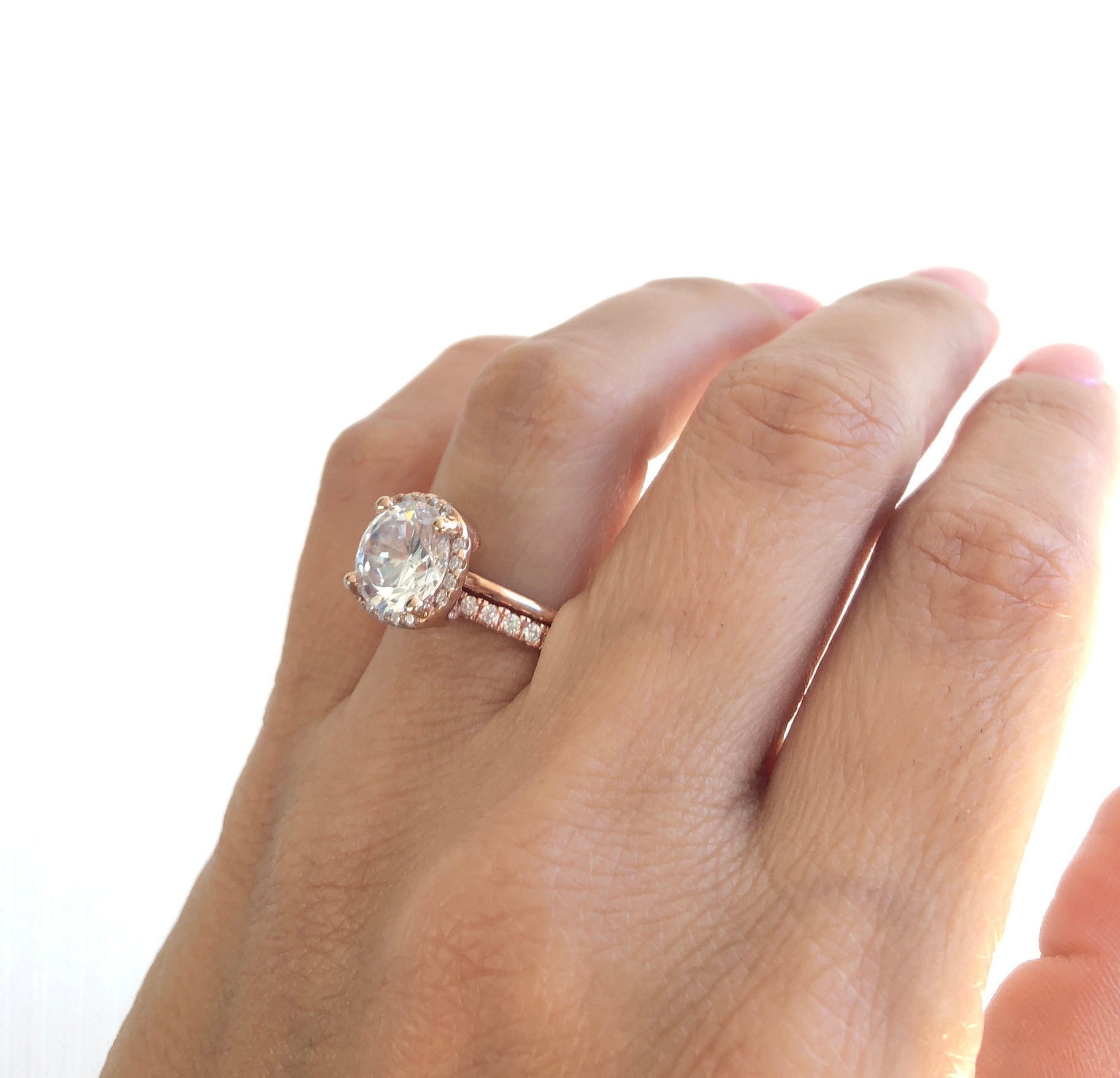 Rose Gold Wedding Ring Set. Anniversary Rings. Round Halo | Etsy