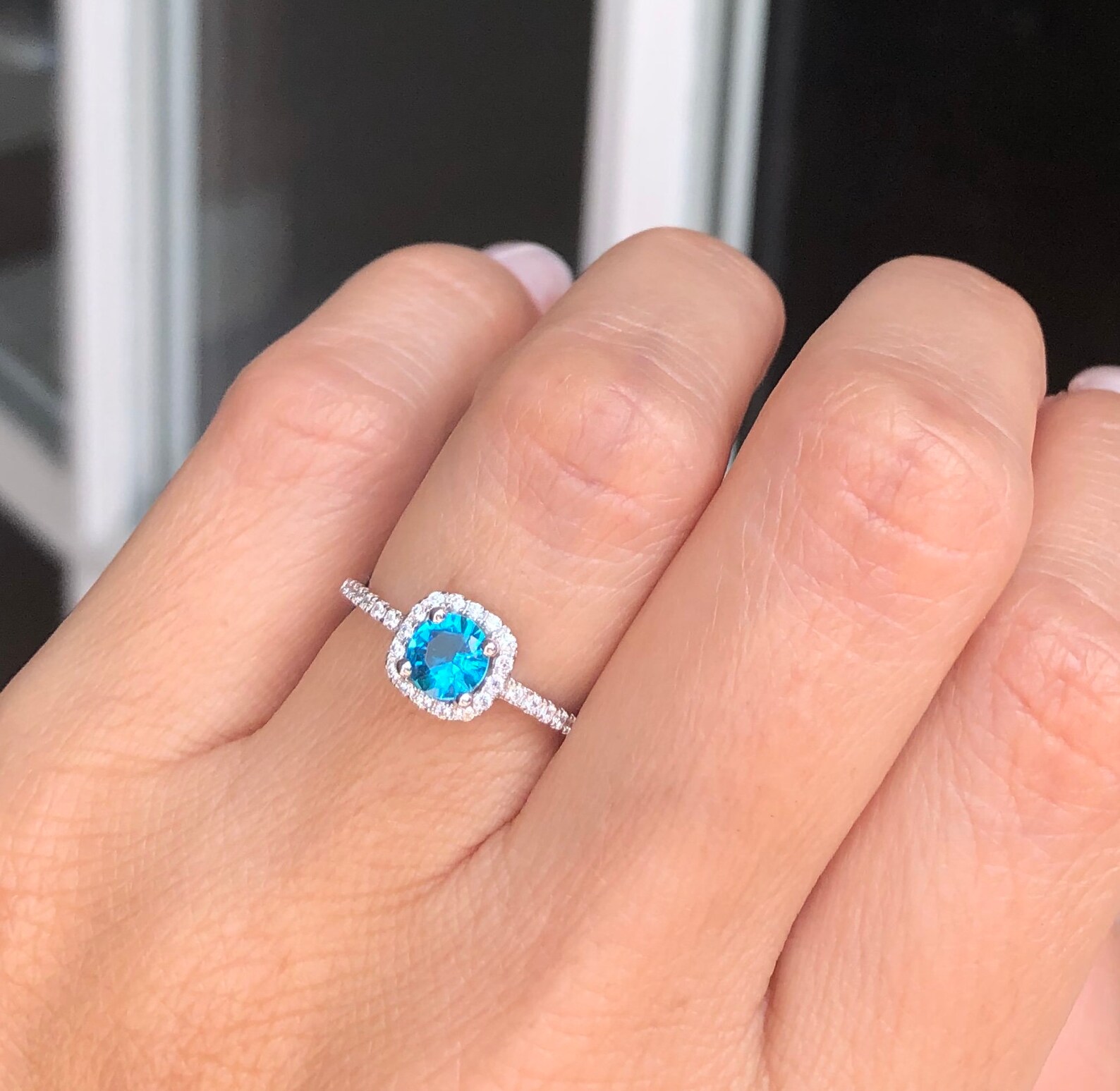 Blue Topaz Ring. Sterling Silver Round Cut Blue Topaz Ring. Square Halo ...