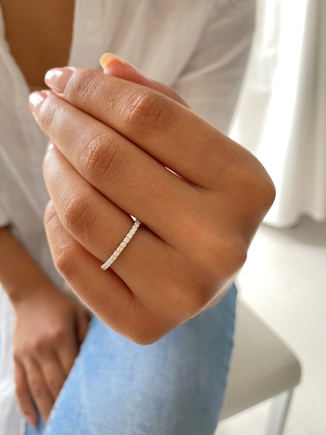 2mm Half Eternity Wedding Band. Sterling Silver Eternity Ring. Diamond ...