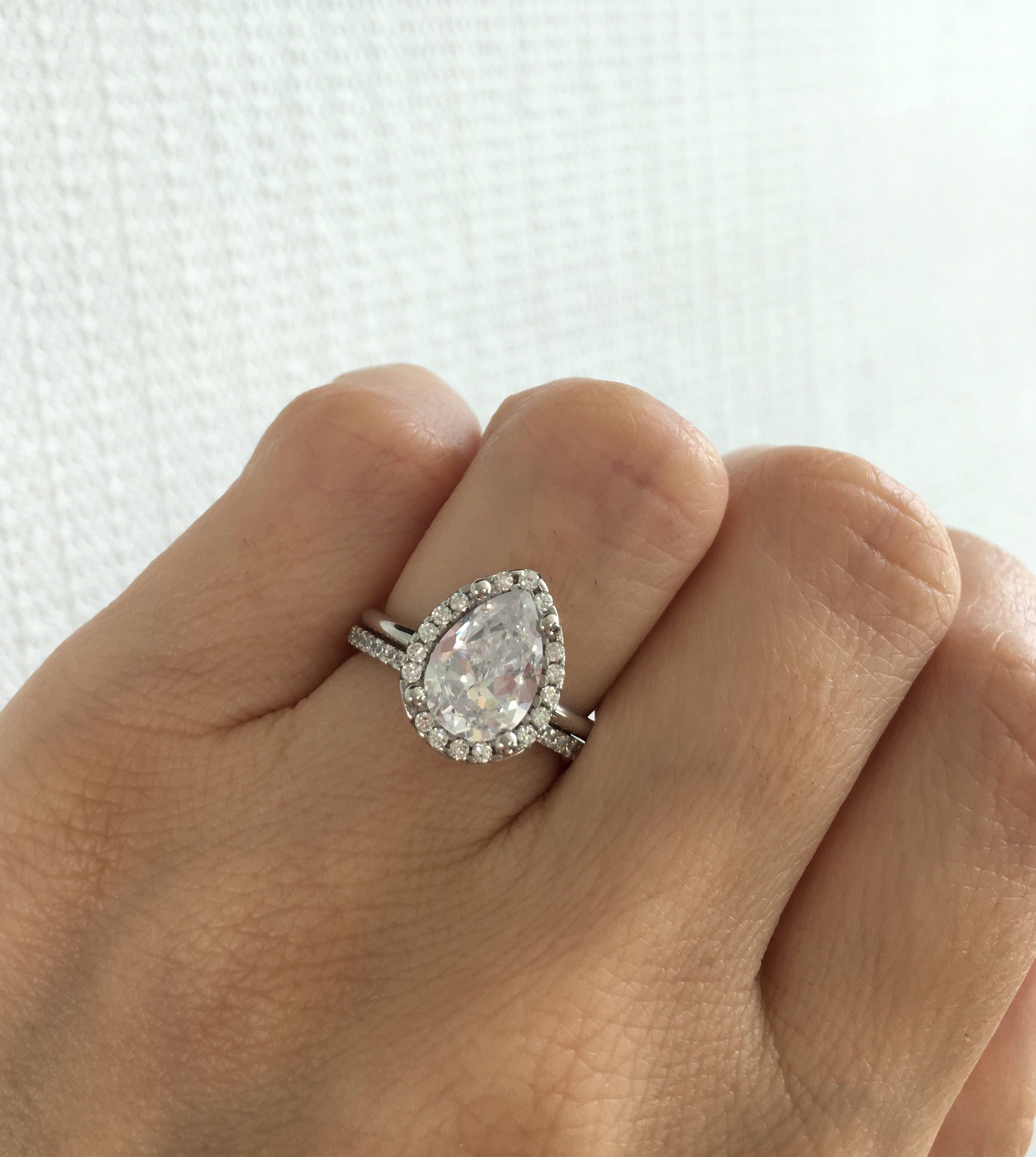 Sterling Silver Ring Set. Wedding Ring Set. Pear Shaped Engagement Ring ...