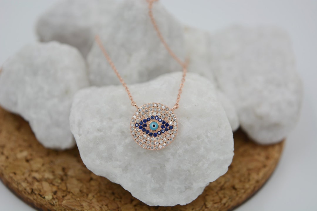 Evil Eye Disc Necklace. Sterling Silver Rose Gold Plated Turkish Eye ...