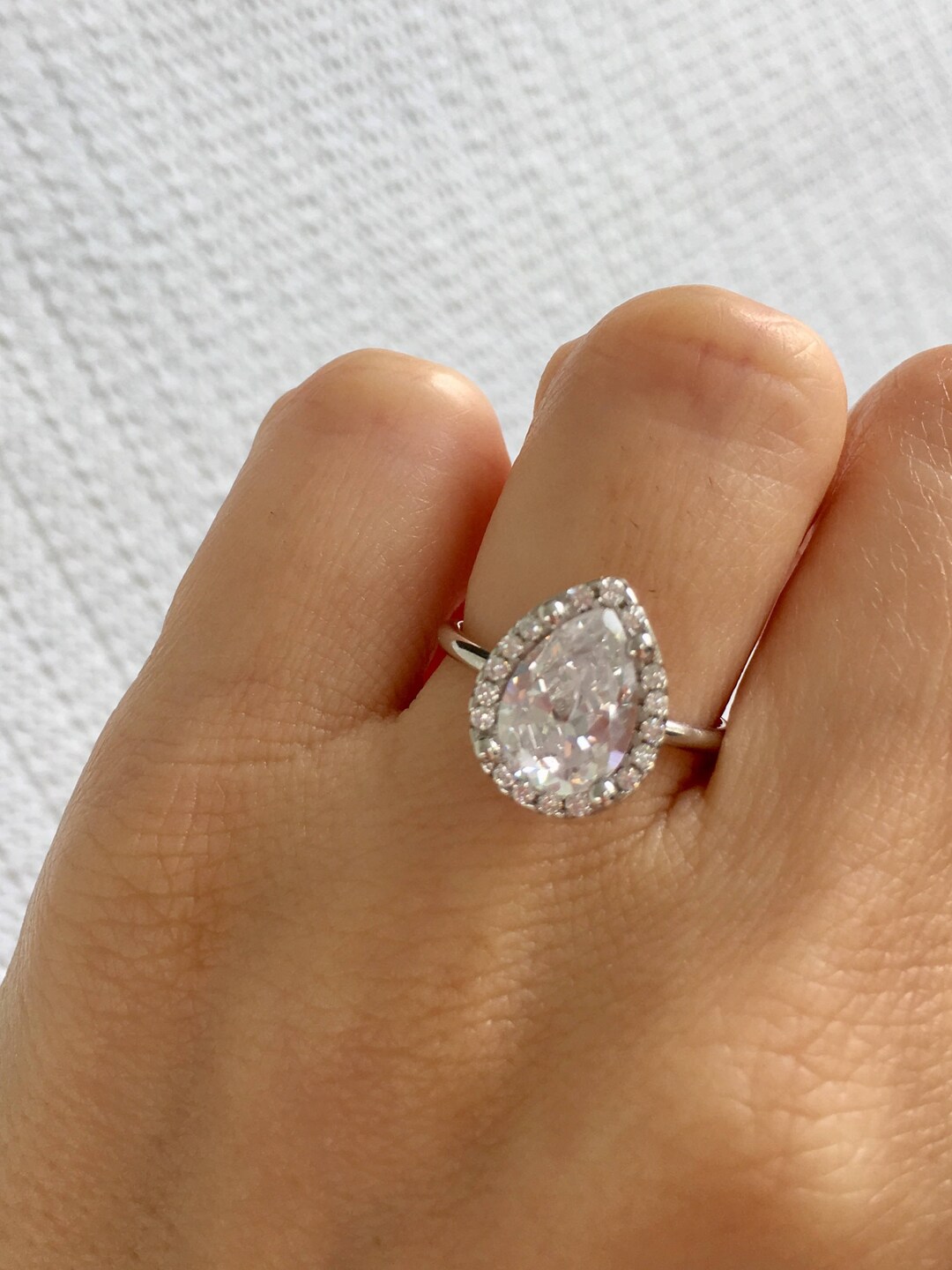 Sterling Silver Pear Halo Ring. Classic Pear Engagement Ring. Teardrop ...