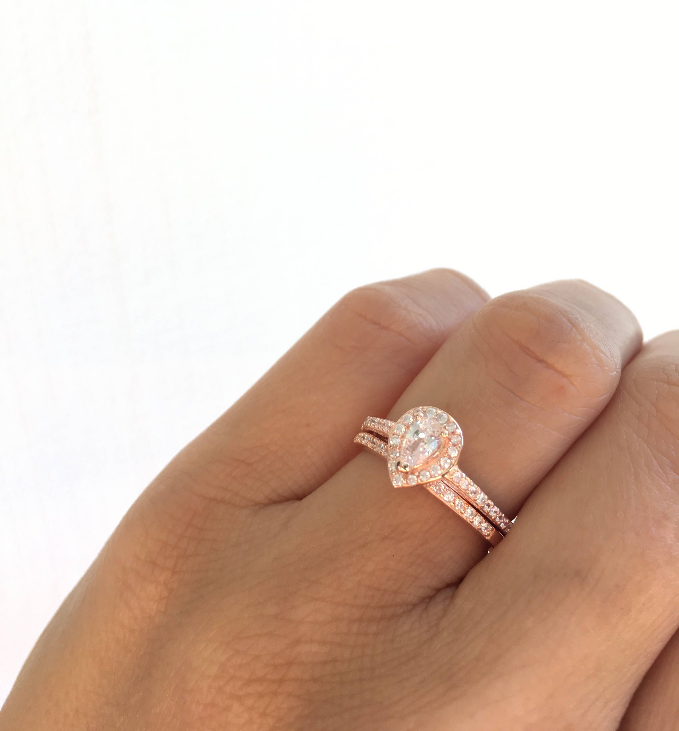 Pear Shaped Ring Set. Rose Gold Wedding Ring Set. Teardrop | Etsy