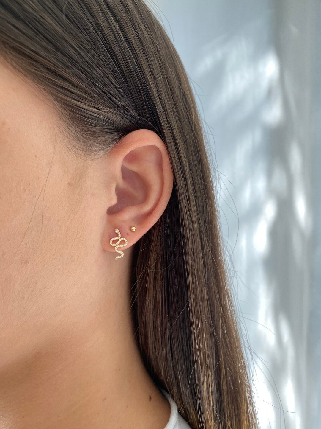 14K Solid Gold Diamond Snake Earrings. Snake Stud Earrings. Curved ...