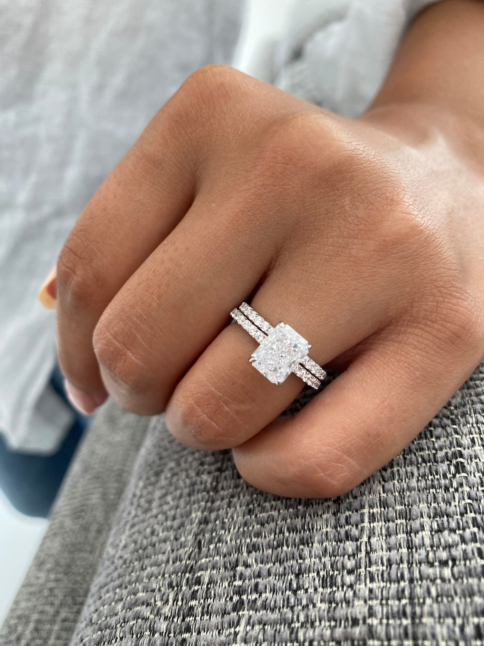 Sterling Silver Radiant Cut Engagement Ring. Half Eternity Band ...