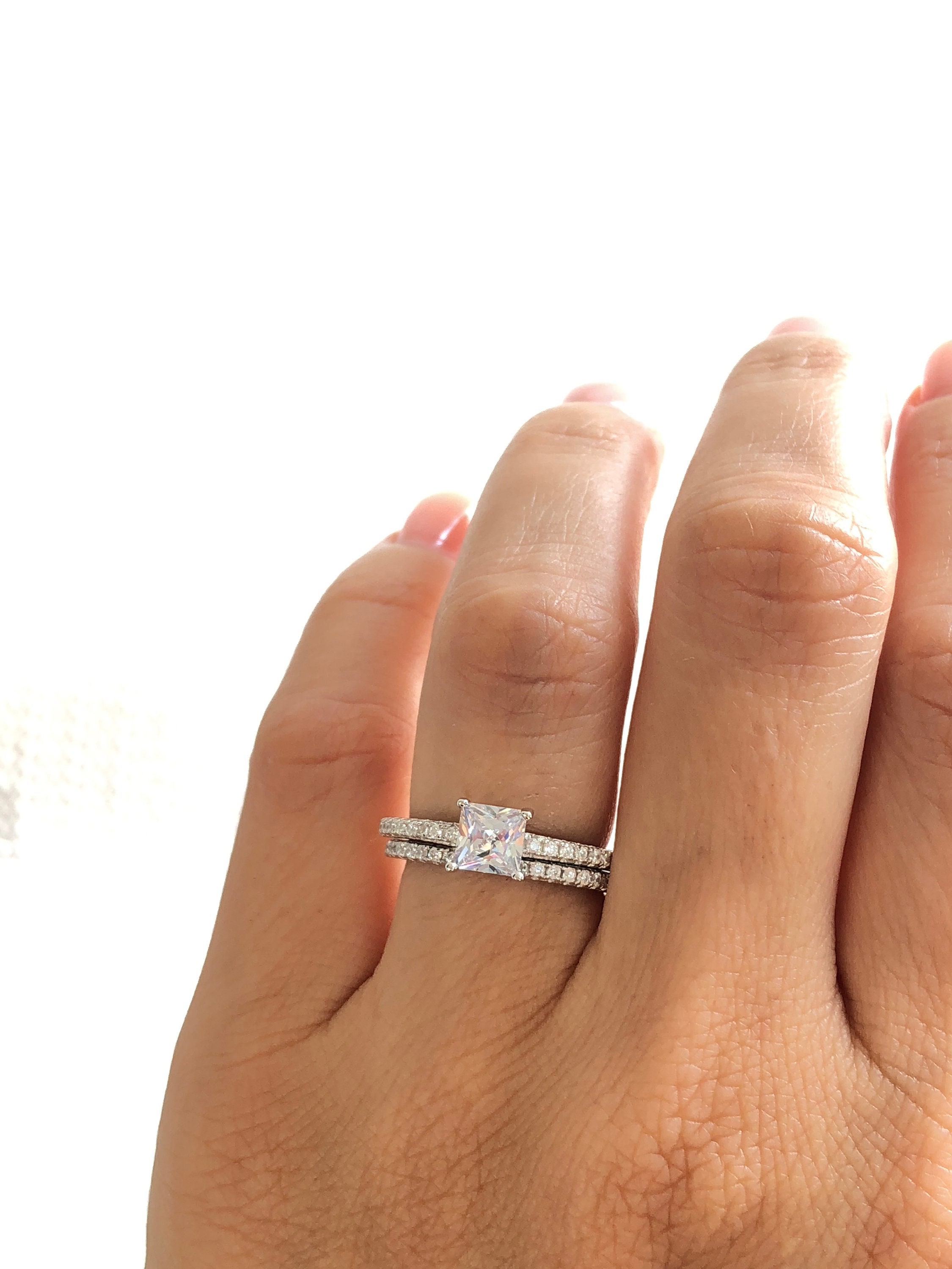 Princess Cut Wedding Ring Set. Sterling Silver Wedding Rings. Delicate ...