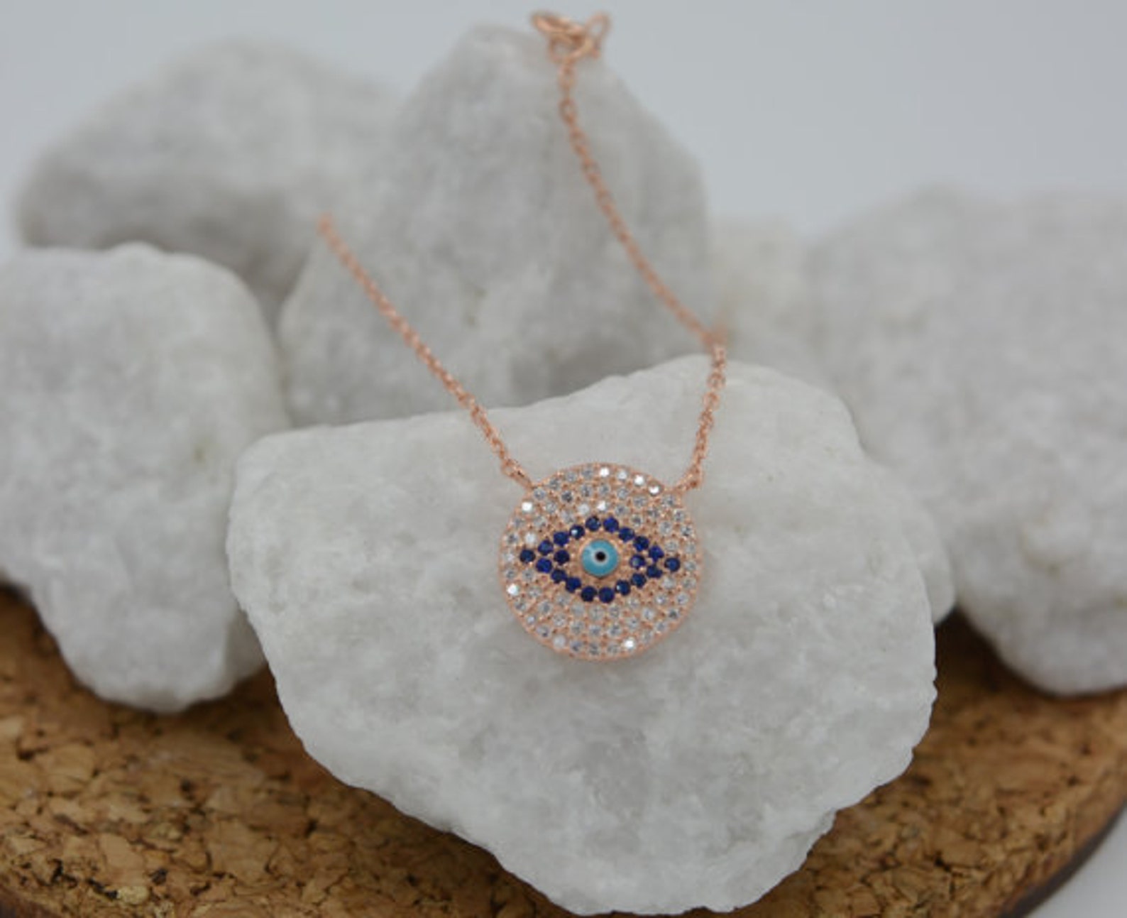 Evil Eye Disc Necklace. Sterling Silver Rose Gold Plated - Etsy