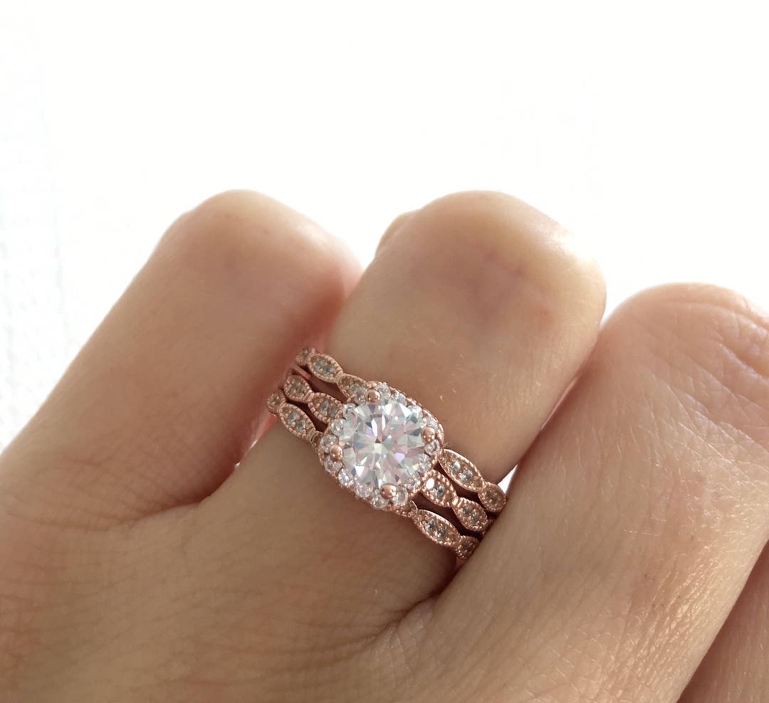 Rose Gold Wedding Ring Set. Halo Engagement Ring. Vintage Style Ring ...