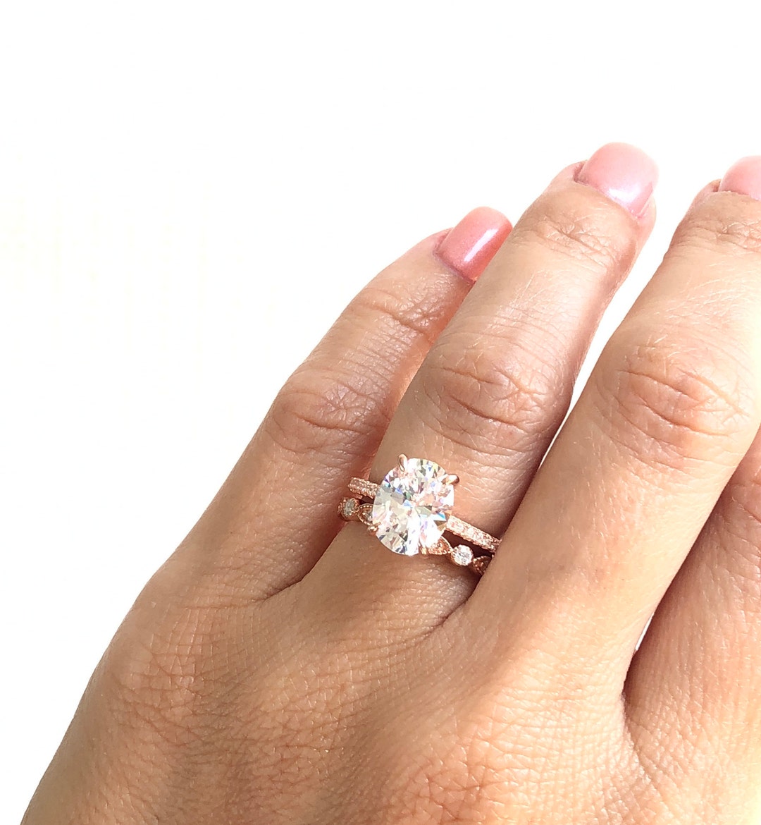 Rose Gold Ring Set. Oval Engagement Ring With Art Deco Band. Wedding ...