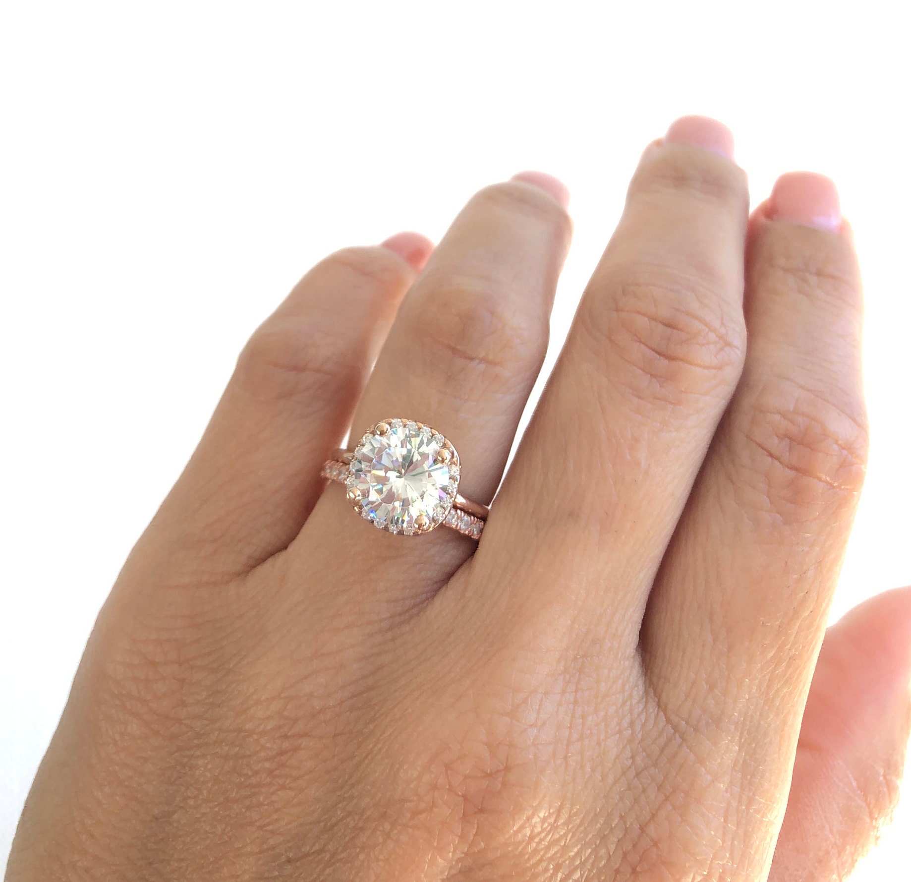 Rose Gold Wedding Ring Set. Anniversary Rings. Round Halo | Etsy