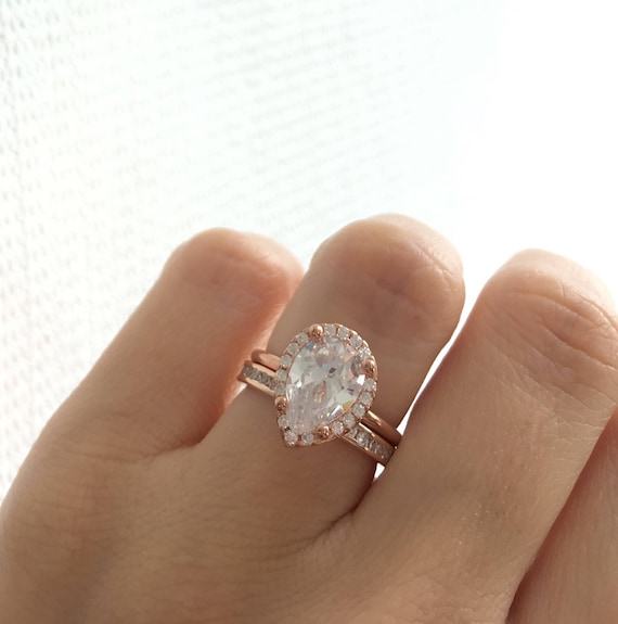 Rose Gold Ring Set. Sterling Silver Rose Gold Plated Pear | Etsy