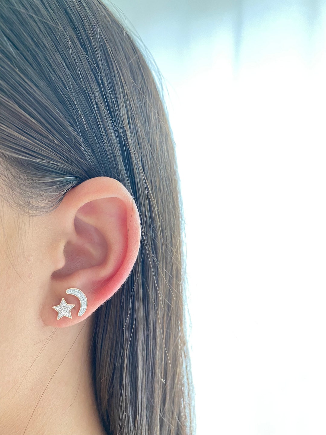 14K Rose Gold Diamond Moon and Star Earrings. Moon and Star Stud ...