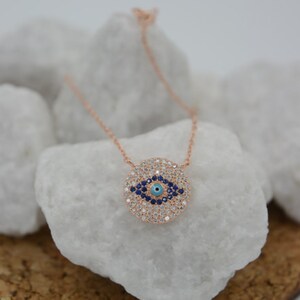 Evil Eye Disc Necklace. Sterling Silver Rose Gold Plated Turkish Eye ...