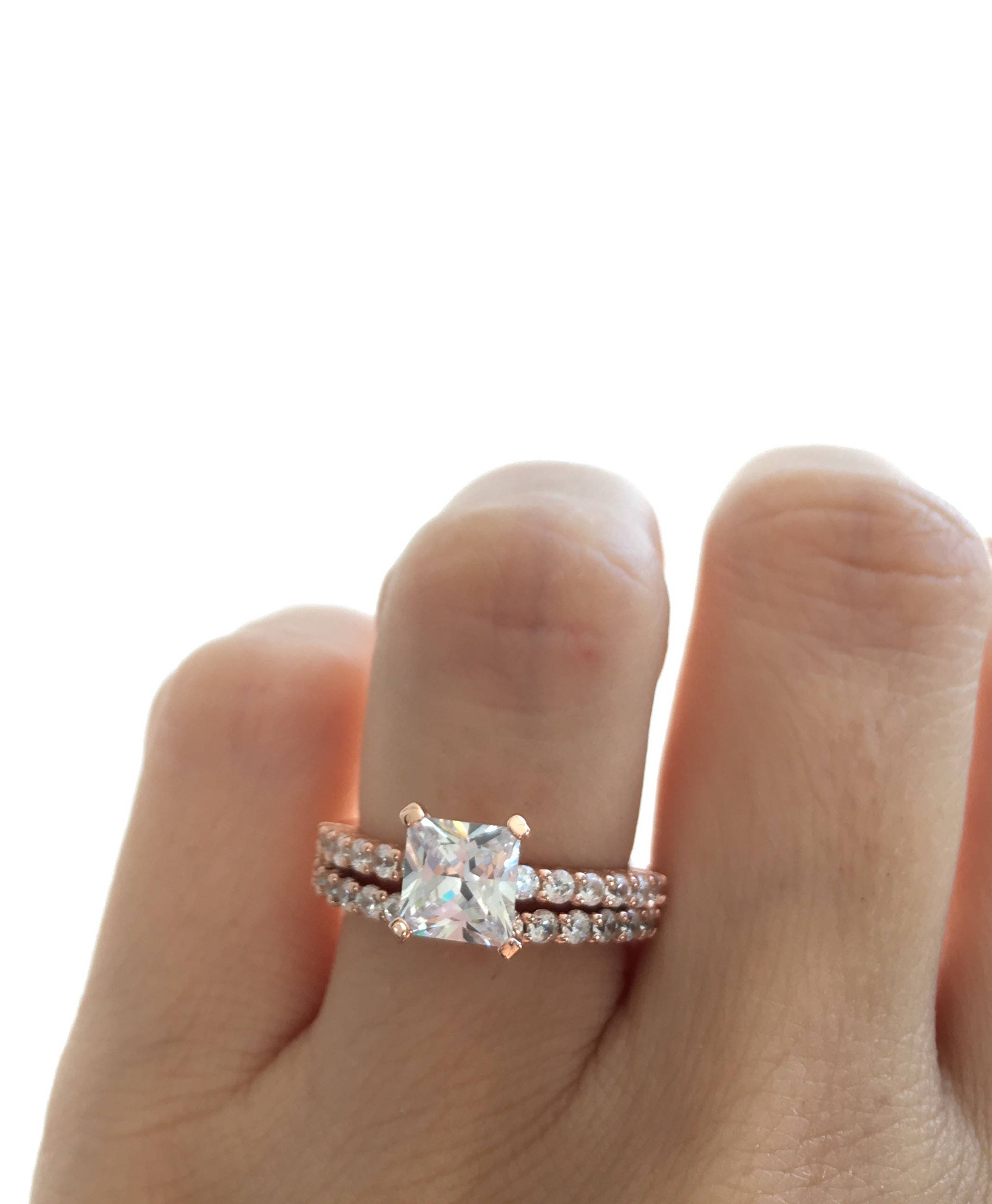 Rose Gold Wedding Set. Sterling Silver Rose Gold Plated, Cushion Cut ...