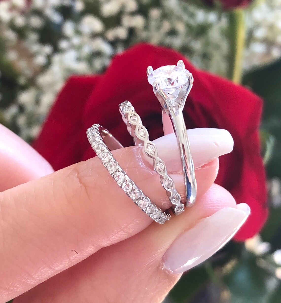 Bridal Ring Set. Sterling Silver Wedding Ring Set. Round Cut - Etsy ...