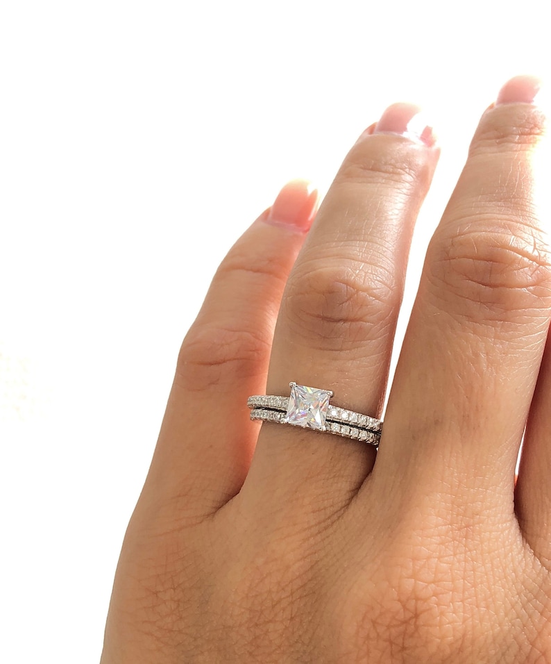 Princess Cut Wedding Ring Set. Sterling Silver Wedding Rings. Delicate ...