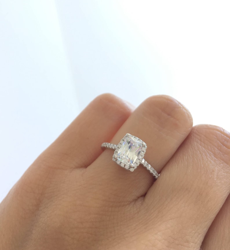 Sterling Silver Radiant Cut Halo Engagement Ring. Swarovski Solitaire ...