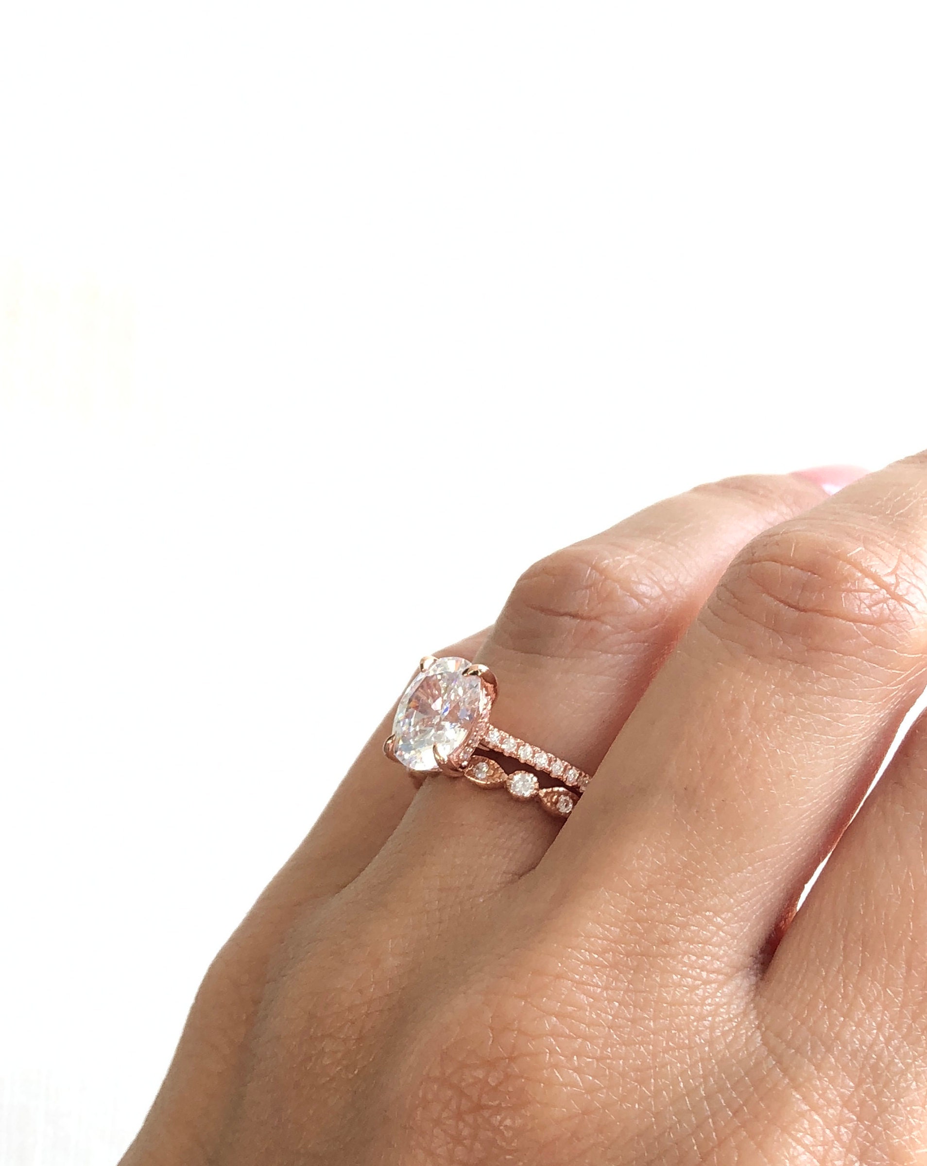 Rose Gold Ring Set. Oval Engagement Ring With Art Deco Band. - Etsy