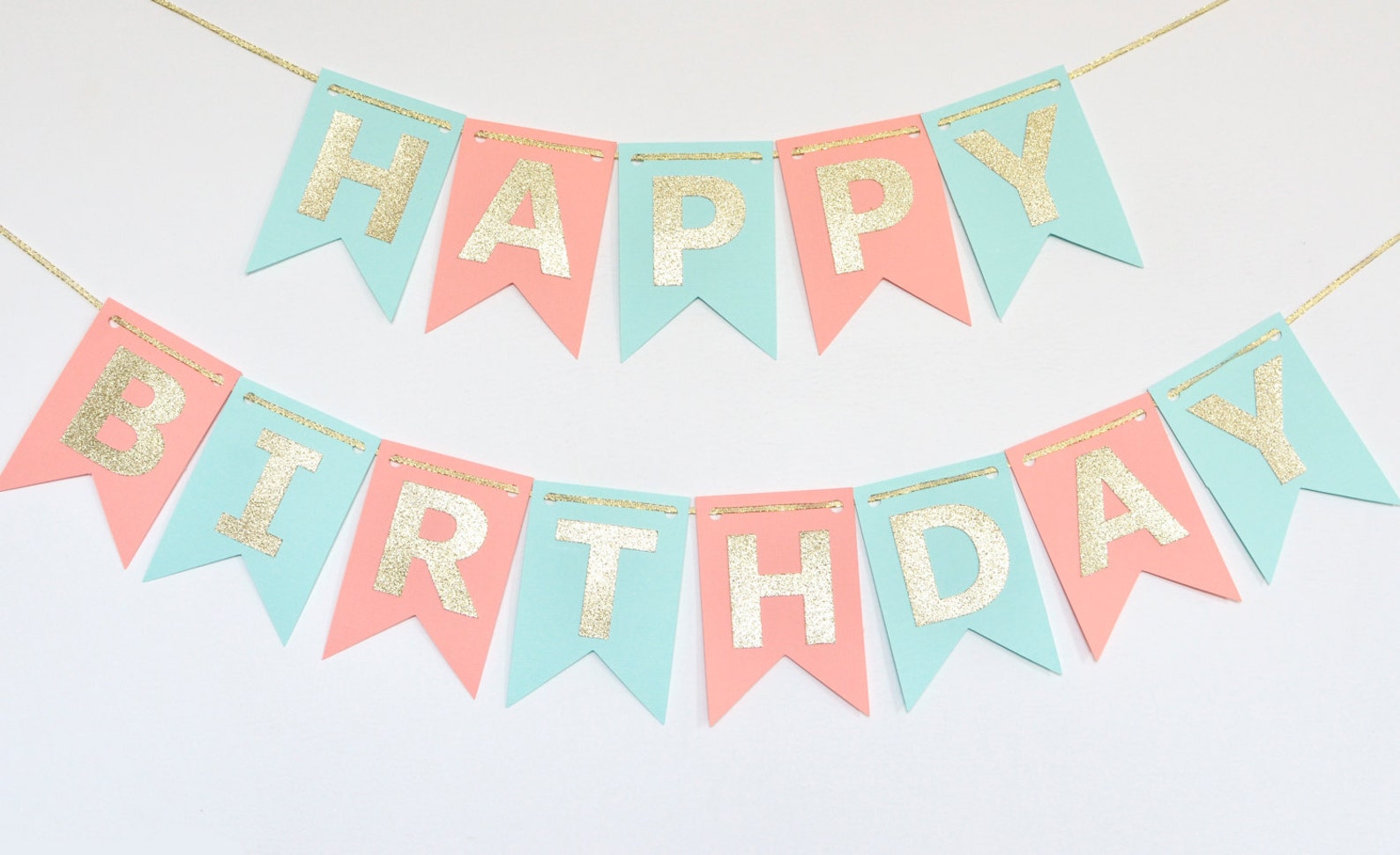 Mint Peach light Coral and Gold Birthday Banner Birthday - Etsy