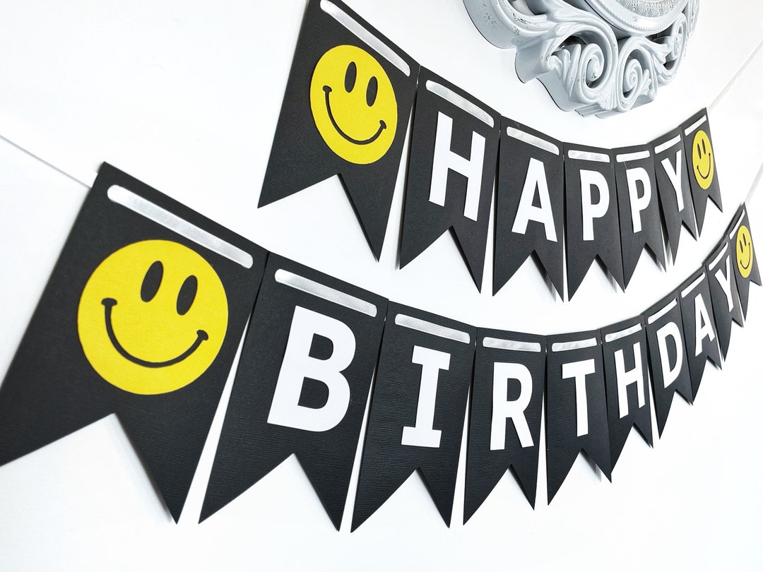 HAPPY BIRTHDAY Banner, Black and White, Smiley, Emoji Birthday Banner ...