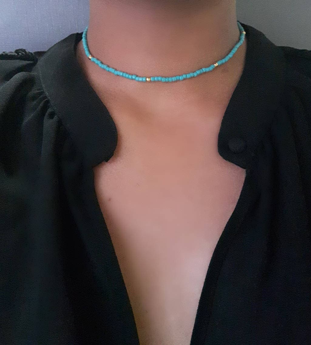 Turquoise Choker, Seed Choker, Turquoise Bead Necklace, Boho Stretch ...