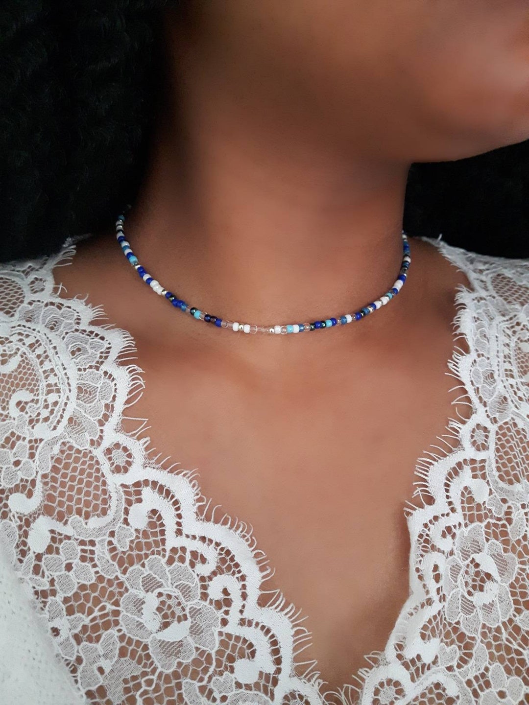 Blue Beaded Choker, Blue Seed Choker, Rainbow Bead Choker, Seed Bead ...
